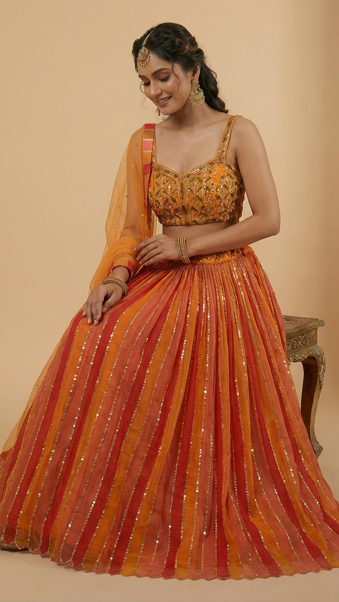Second Skin I The Sunset Glow: Tangerine Orange Georgette Sequin Lehenga