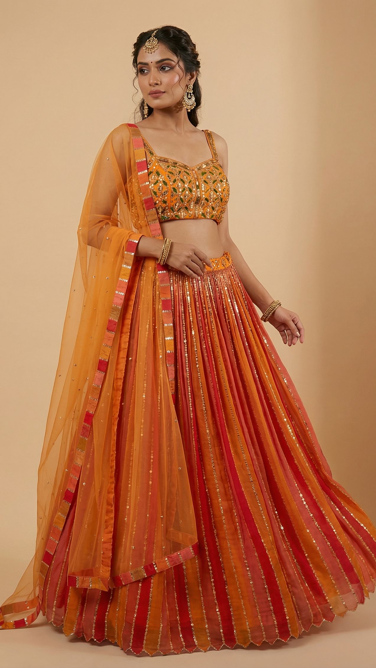 Second Skin I The Sunset Glow: Tangerine Orange Georgette Sequin Lehenga